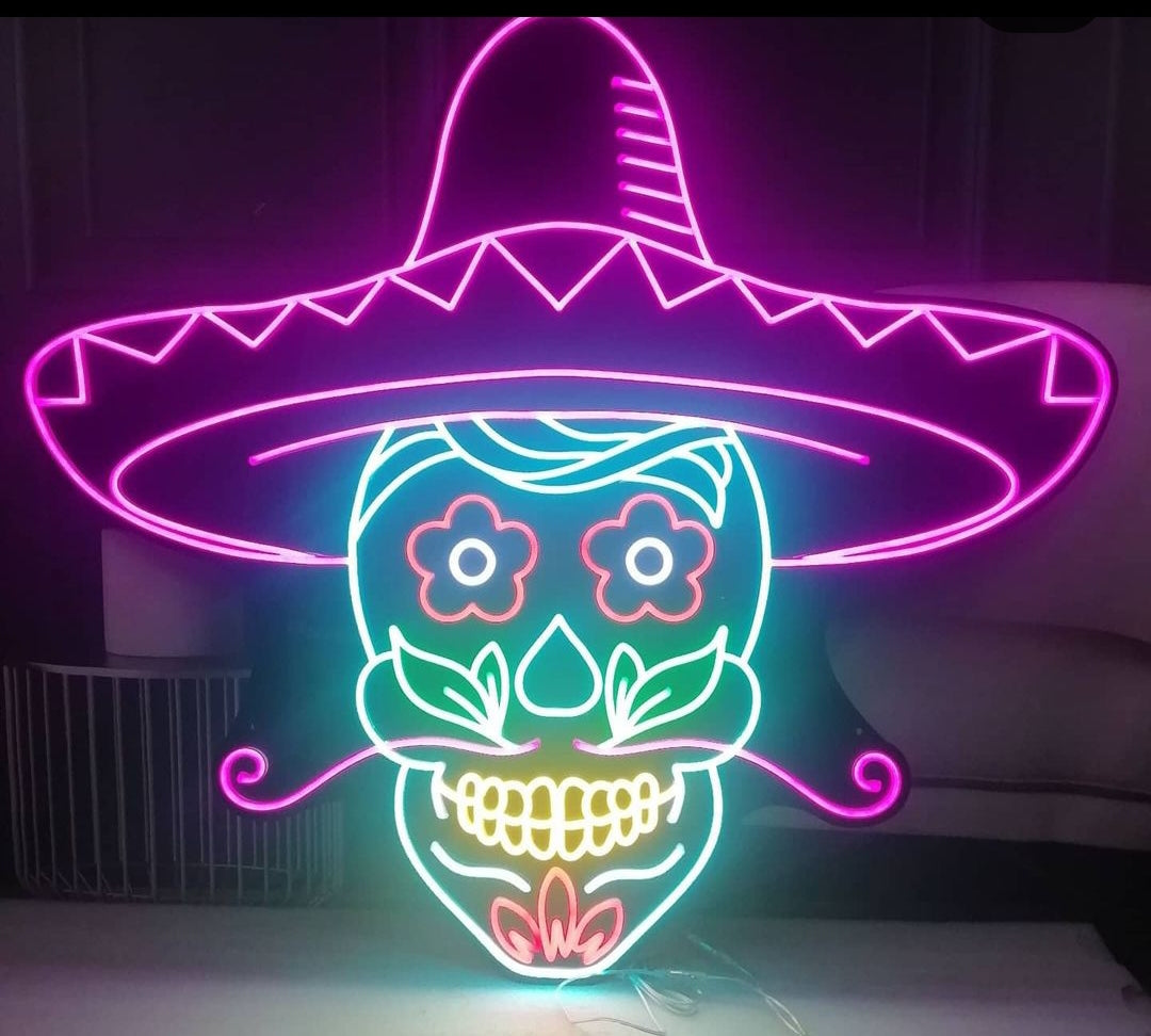 Mexican Skull Neon Sign, Skeleton Neon sign in sambrero, Skull and Cro ...