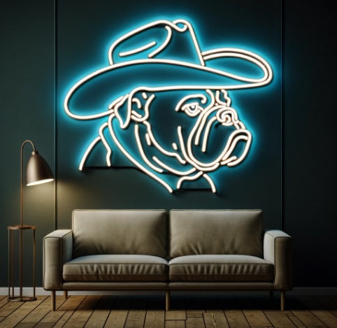 Neon bulldog cowboy sign, Neon sign in shape of bulldog with cowboy ha ...