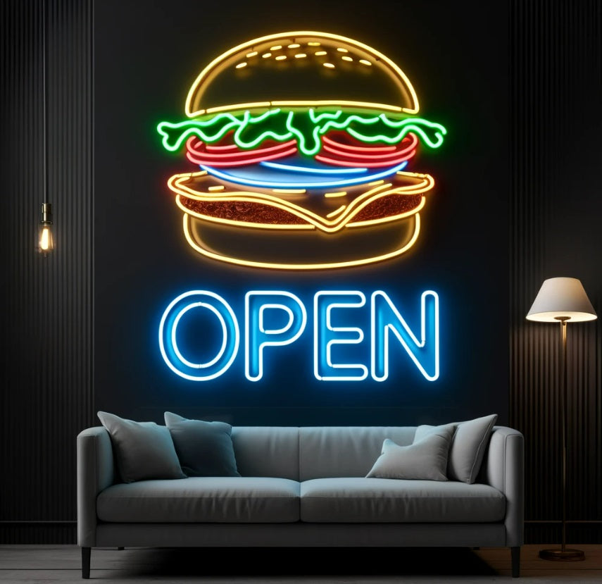 Burger Neon sign with inscription open, open hamburger Neon Sign, Fast ...