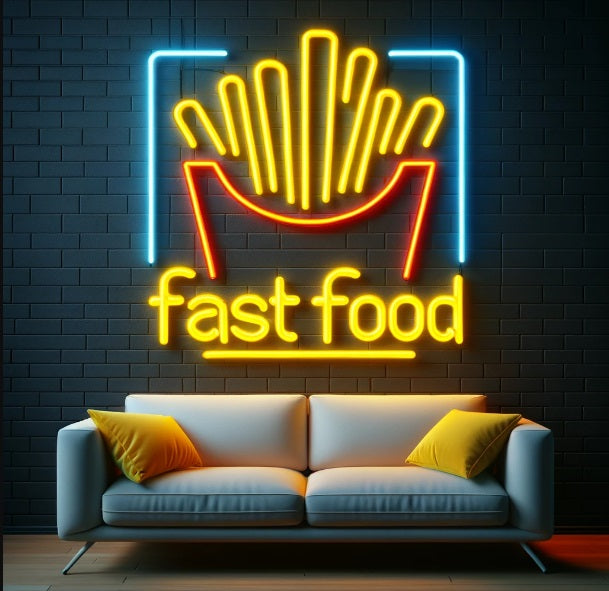 Fast food neon sign, fast food inscription neon sign, led light fast f ...