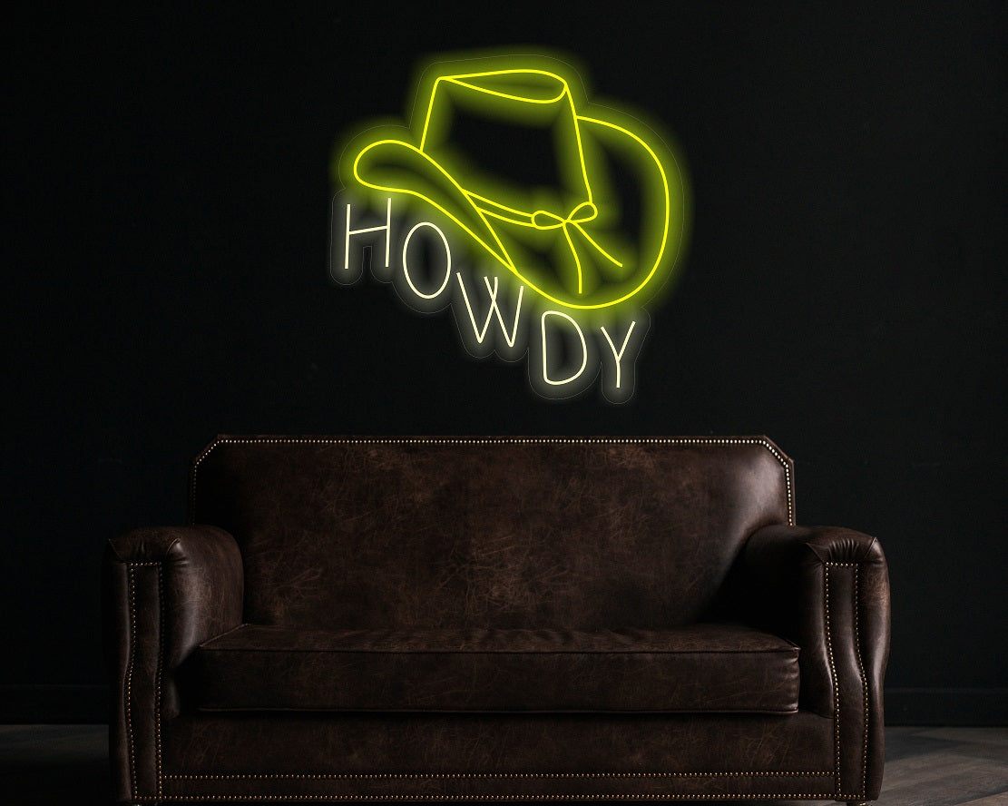 Howdy neon sign, cowboy hat sign, western led sign, North American gre ...