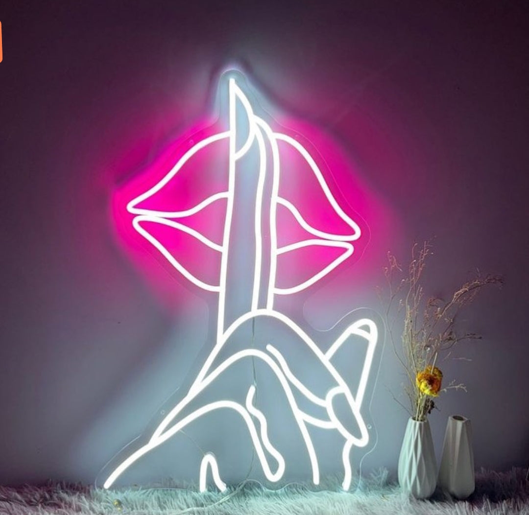 Lips and finger shh neon sign, lips neon sign, shh neon sign, hand and ...