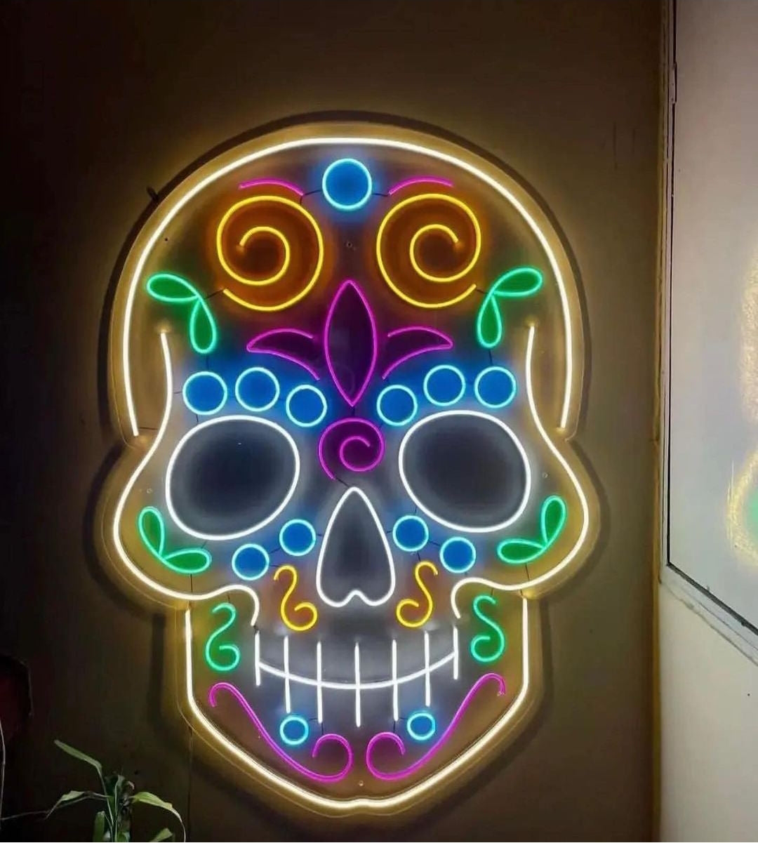 Sugar Skull Neon Sign, Skull Neon Sign, Mexican Skull Of Death Motive ...