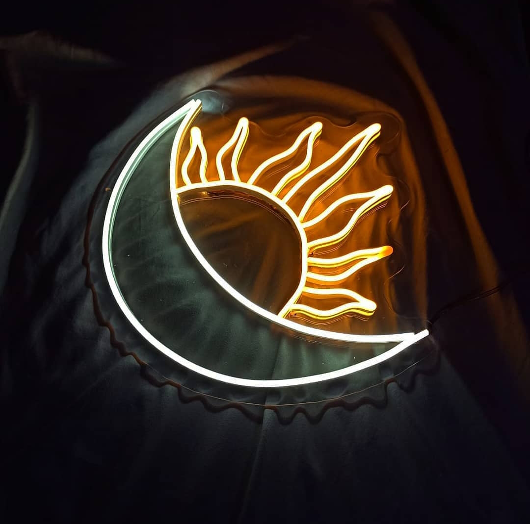 Sun and Moon Neon Sign, Glow sign featuring the Sun and Moon, Shining ...